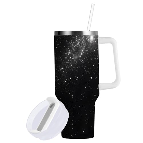 Jihqo Galaxy Black 40 oz Stainless Steel Vacuum Insulated Tumbler with Handle and Straw Lid, Leakproof Water Bottle Double Wall Travel Mug Coffee Cup, Cupholder Friendly