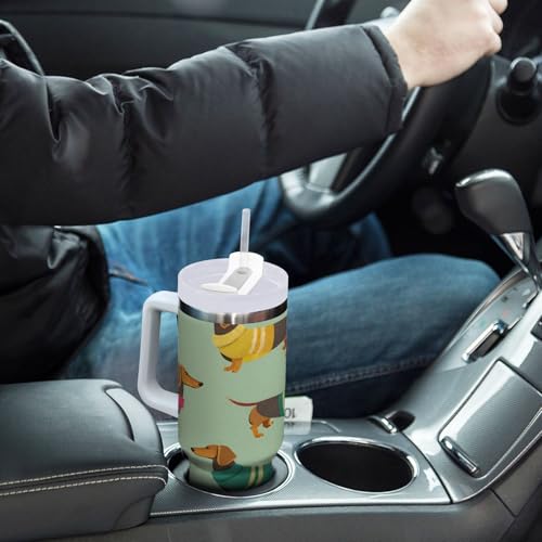 Jihqo Cute Dachshunds 40 oz Stainless Steel Vacuum Insulated Tumbler with Handle and Straw Lid, Leakproof Water Bottle Double Wall Travel Mug Coffee Cup, Cupholder Friendly