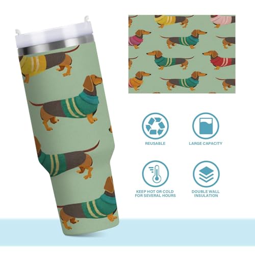 Jihqo Cute Dachshunds 40 oz Stainless Steel Vacuum Insulated Tumbler with Handle and Straw Lid, Leakproof Water Bottle Double Wall Travel Mug Coffee Cup, Cupholder Friendly