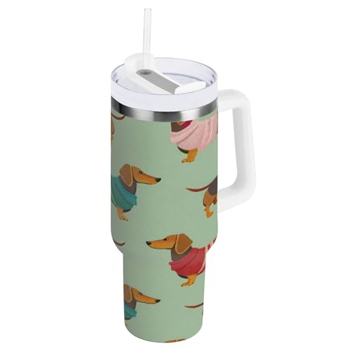 Jihqo Cute Dachshunds 40 oz Stainless Steel Vacuum Insulated Tumbler with Handle and Straw Lid, Leakproof Water Bottle Double Wall Travel Mug Coffee Cup, Cupholder Friendly