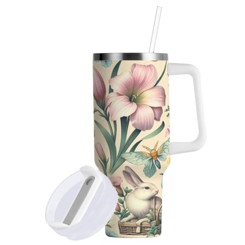 Jihqo Easter Day Floral and Eggs 40 oz Stainless Steel Vacuum Insulated Tumbler with Handle and Straw Lid, Leakproof Water Bottle Double Wall Travel Mug Coffee Cup, Cupholder Friendly