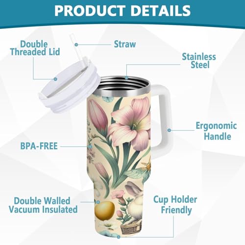 Jihqo Easter Day Floral and Eggs 40 oz Stainless Steel Vacuum Insulated Tumbler with Handle and Straw Lid, Leakproof Water Bottle Double Wall Travel Mug Coffee Cup, Cupholder Friendly