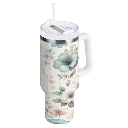 Jihqo Pure Flowers 40 oz Stainless Steel Vacuum Insulated Tumbler with Handle and Straw Lid, Leakproof Water Bottle Double Wall Travel Mug Coffee Cup, Cupholder Friendly