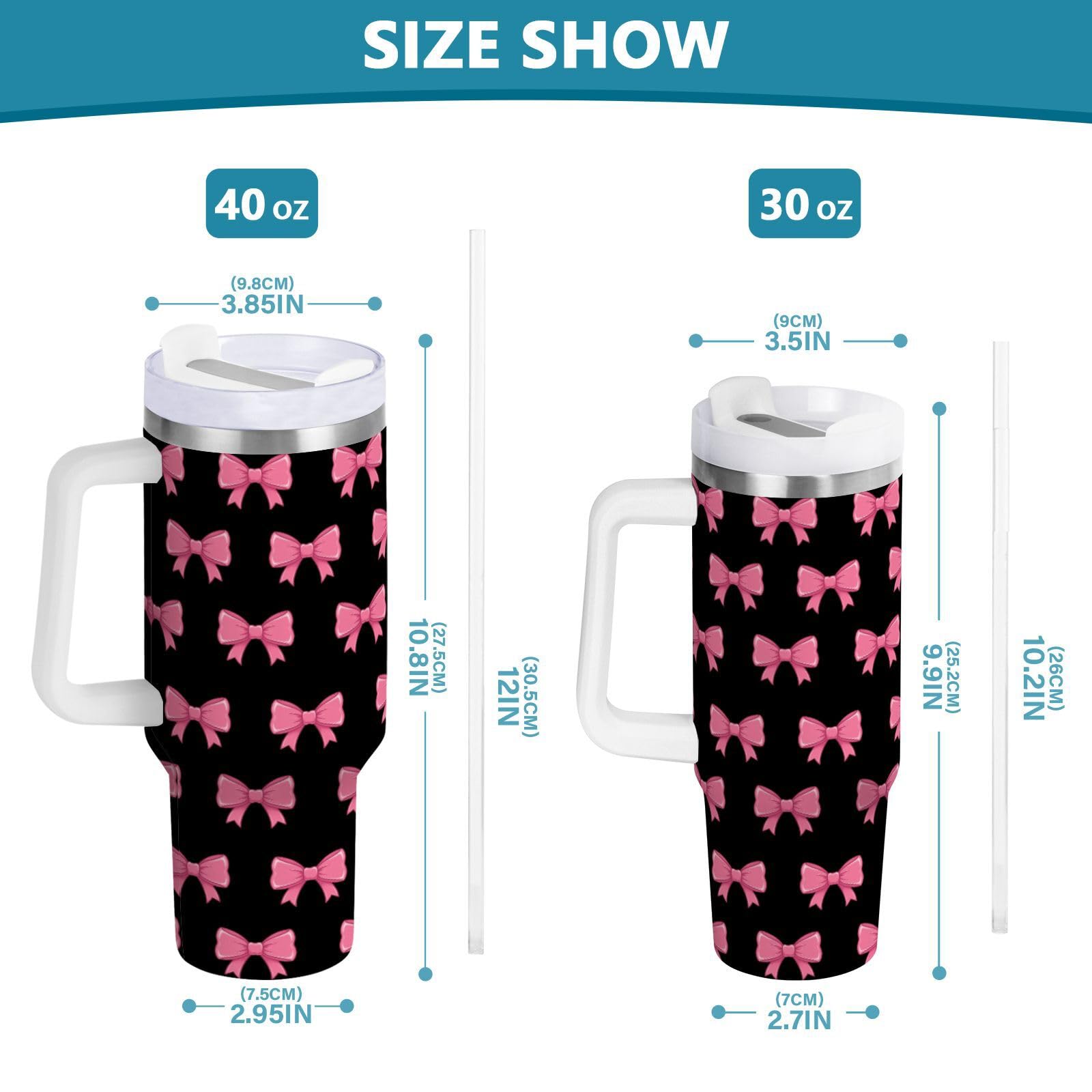 Jihqo Elegant Bows Pink Black 40 oz Stainless Steel Vacuum Insulated Tumbler with Handle and Straw Lid, Leakproof Water Bottle Double Wall Travel Mug Coffee Cup, Cupholder Friendly