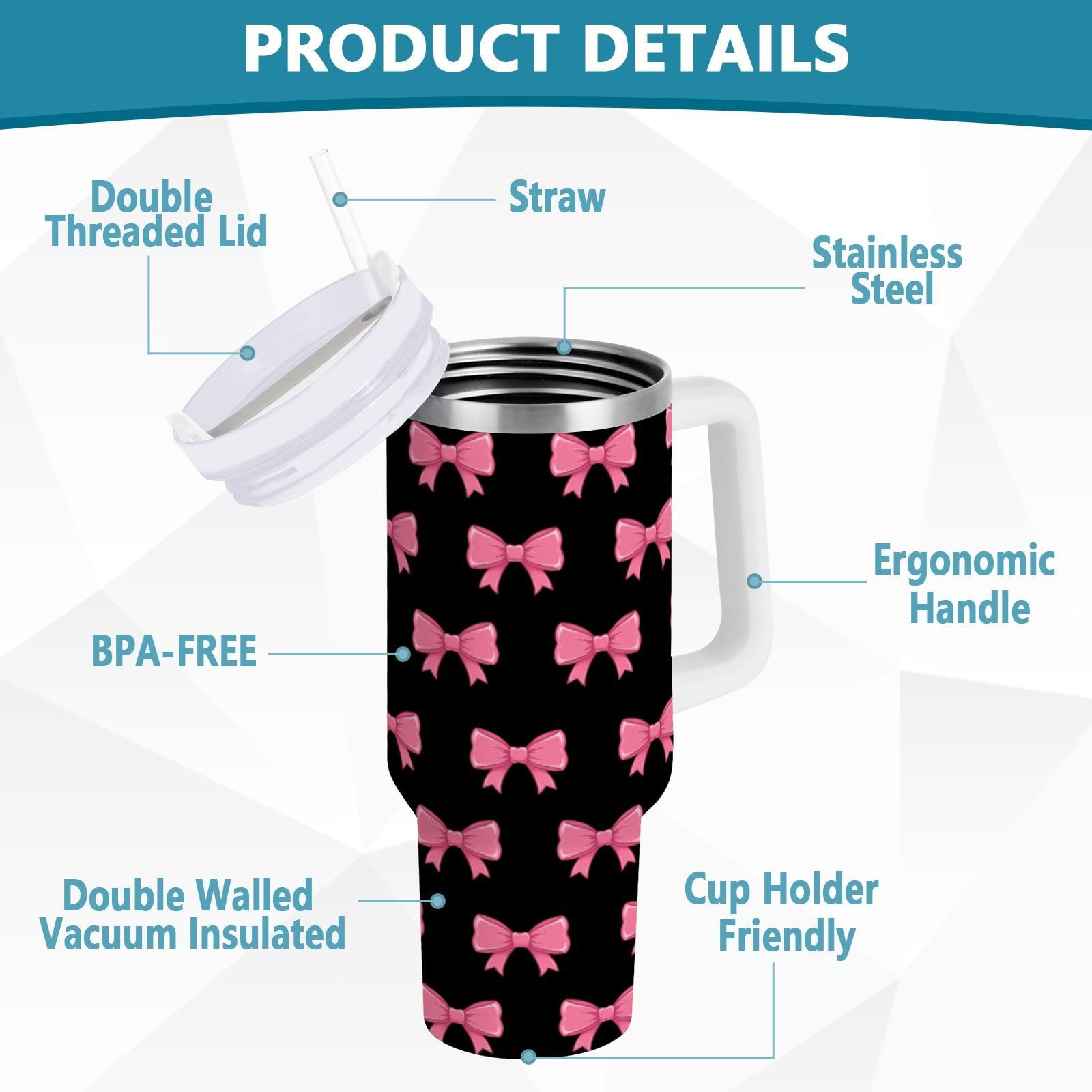 Jihqo Elegant Bows Pink Black 40 oz Stainless Steel Vacuum Insulated Tumbler with Handle and Straw Lid, Leakproof Water Bottle Double Wall Travel Mug Coffee Cup, Cupholder Friendly
