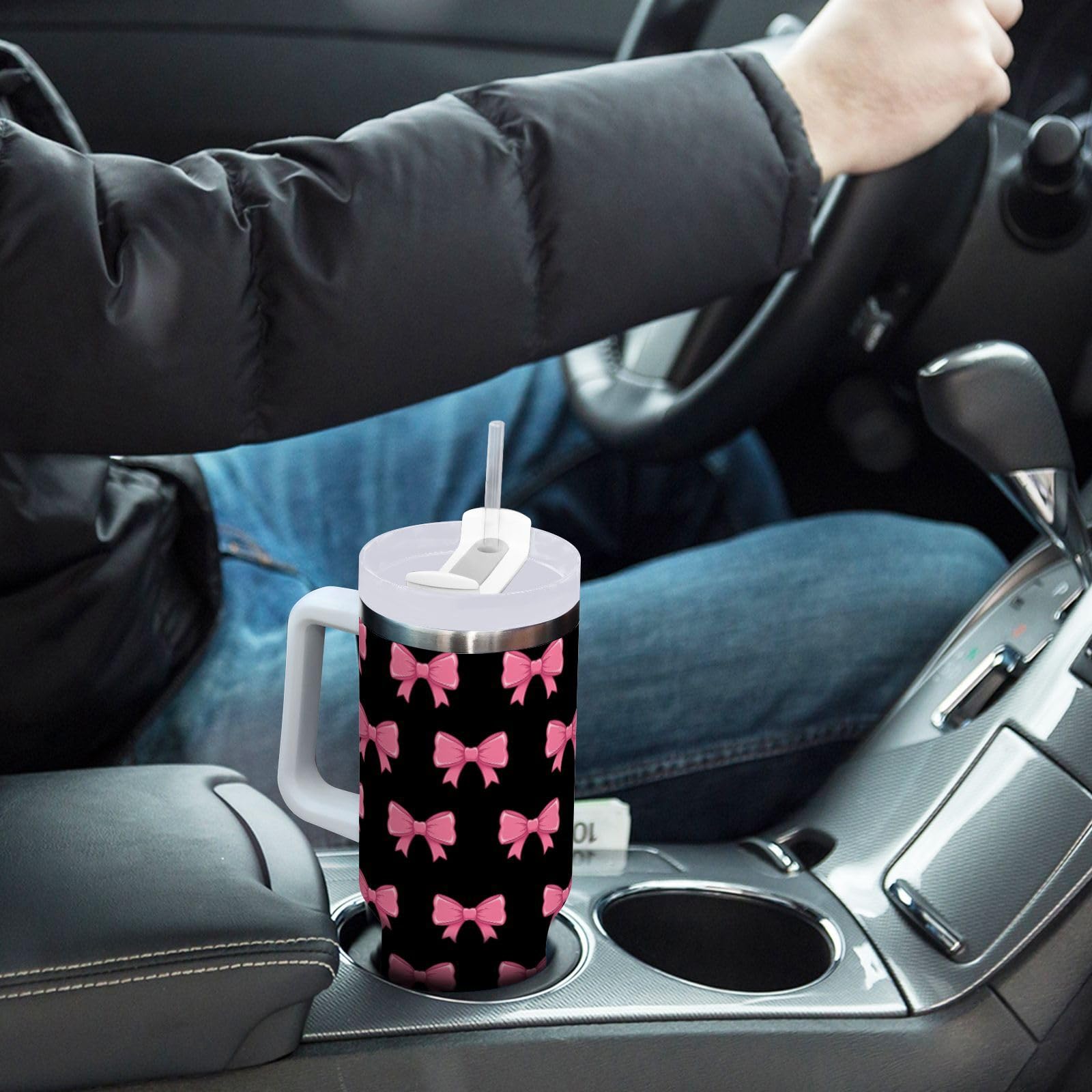 Jihqo Elegant Bows Pink Black 40 oz Stainless Steel Vacuum Insulated Tumbler with Handle and Straw Lid, Leakproof Water Bottle Double Wall Travel Mug Coffee Cup, Cupholder Friendly