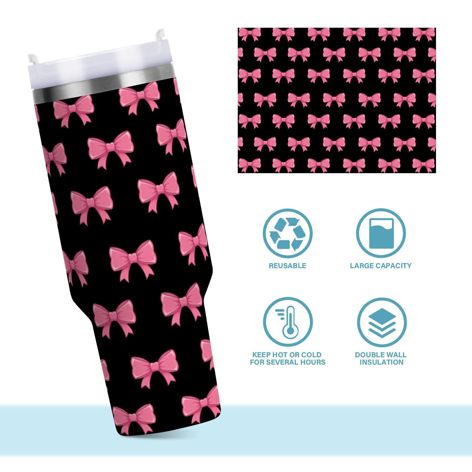 Jihqo Elegant Bows Pink Black 40 oz Stainless Steel Vacuum Insulated Tumbler with Handle and Straw Lid, Leakproof Water Bottle Double Wall Travel Mug Coffee Cup, Cupholder Friendly