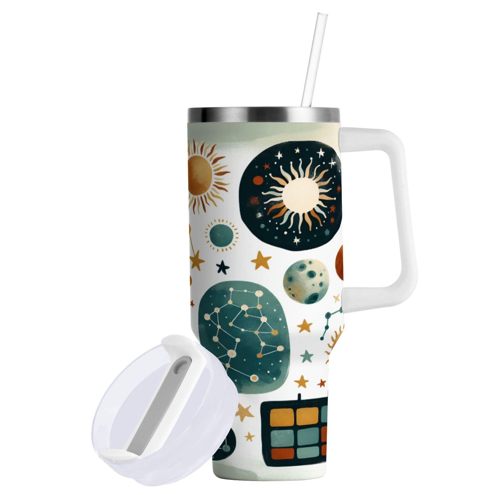 Jihqo Space Rockets Planets 40 oz Stainless Steel Vacuum Insulated Tumbler with Handle and Straw Lid, Leakproof Water Bottle Double Wall Travel Mug Coffee Cup, Cupholder Friendly