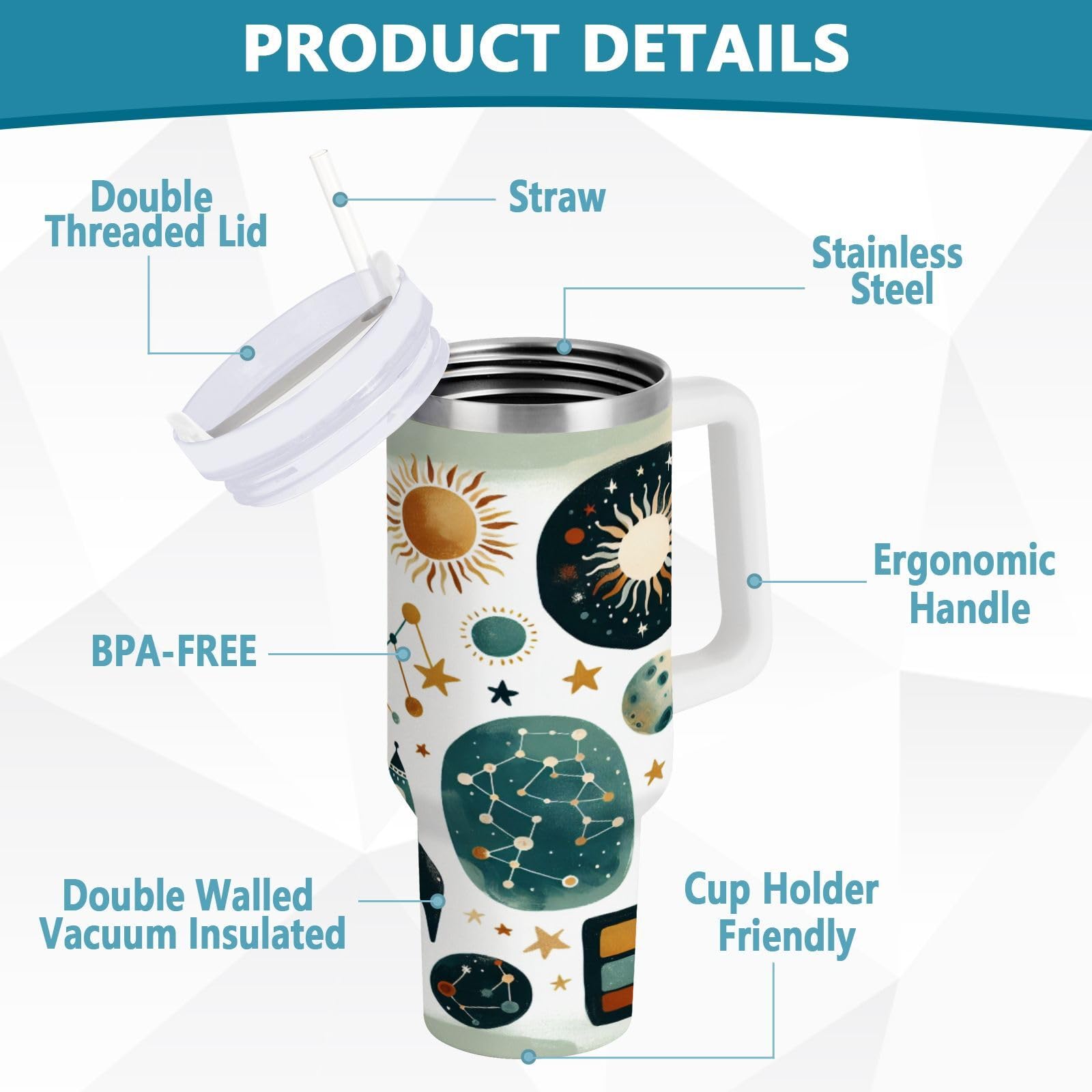 Jihqo Space Rockets Planets 40 oz Stainless Steel Vacuum Insulated Tumbler with Handle and Straw Lid, Leakproof Water Bottle Double Wall Travel Mug Coffee Cup, Cupholder Friendly