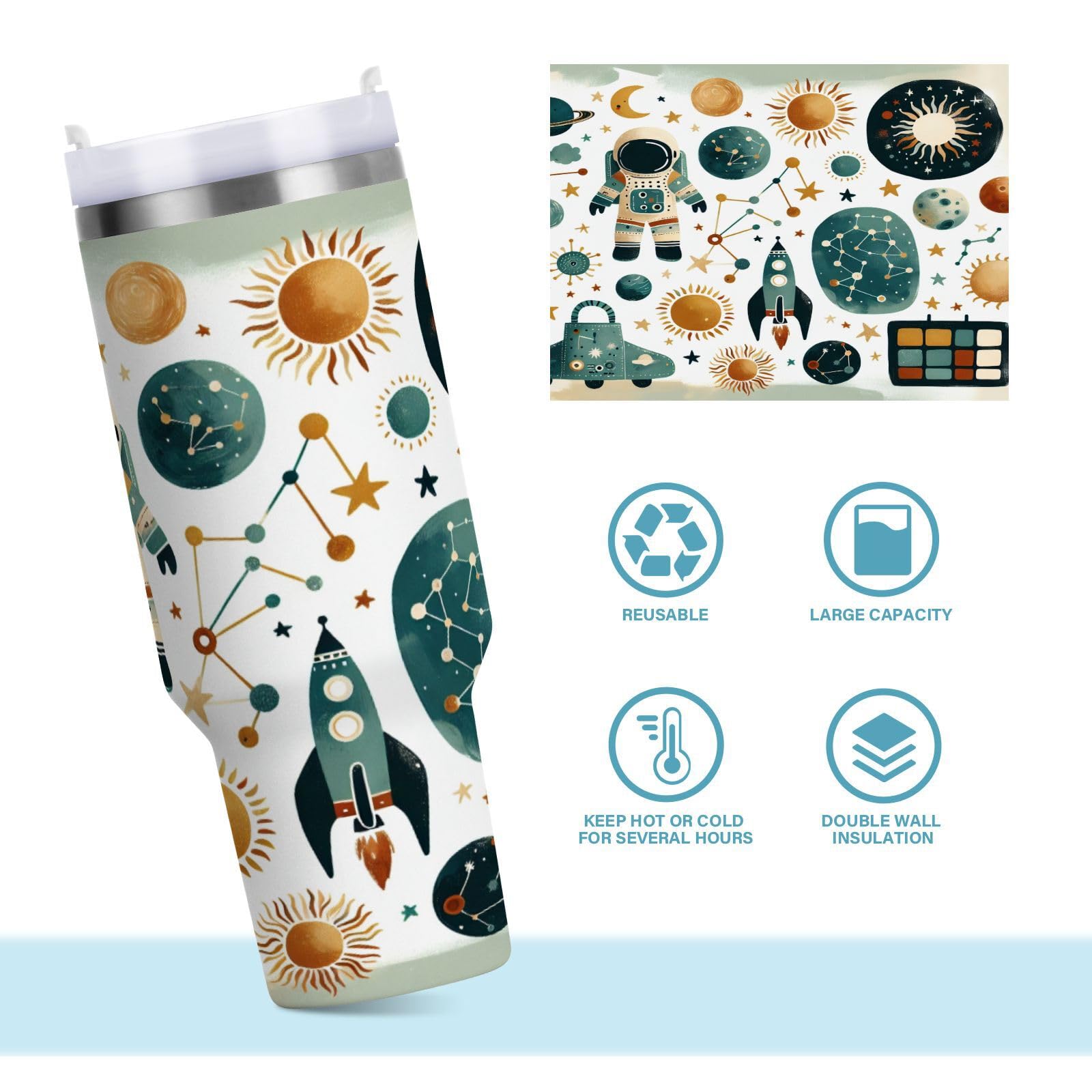 Jihqo Space Rockets Planets 40 oz Stainless Steel Vacuum Insulated Tumbler with Handle and Straw Lid, Leakproof Water Bottle Double Wall Travel Mug Coffee Cup, Cupholder Friendly
