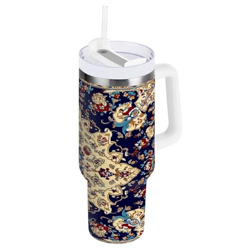 Jihqo Baroque Style Flowers 40 oz Stainless Steel Vacuum Insulated Tumbler with Handle and Straw Lid, Leakproof Water Bottle Double Wall Travel Mug Coffee Cup, Cupholder Friendly