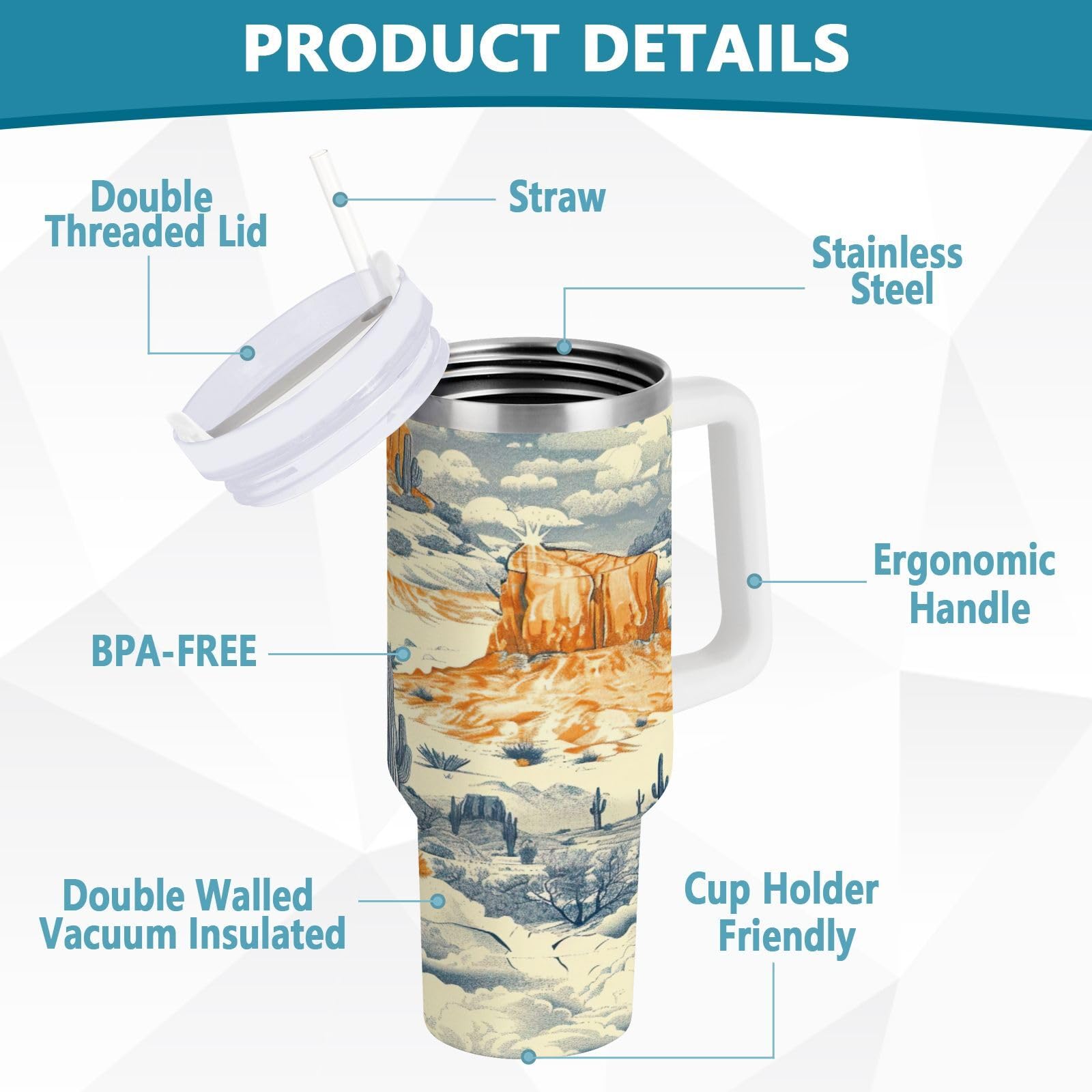 Jihqo Western Desert 40 oz Stainless Steel Vacuum Insulated Tumbler with Handle and Straw Lid, Leakproof Water Bottle Double Wall Travel Mug Coffee Cup, Cupholder Friendly
