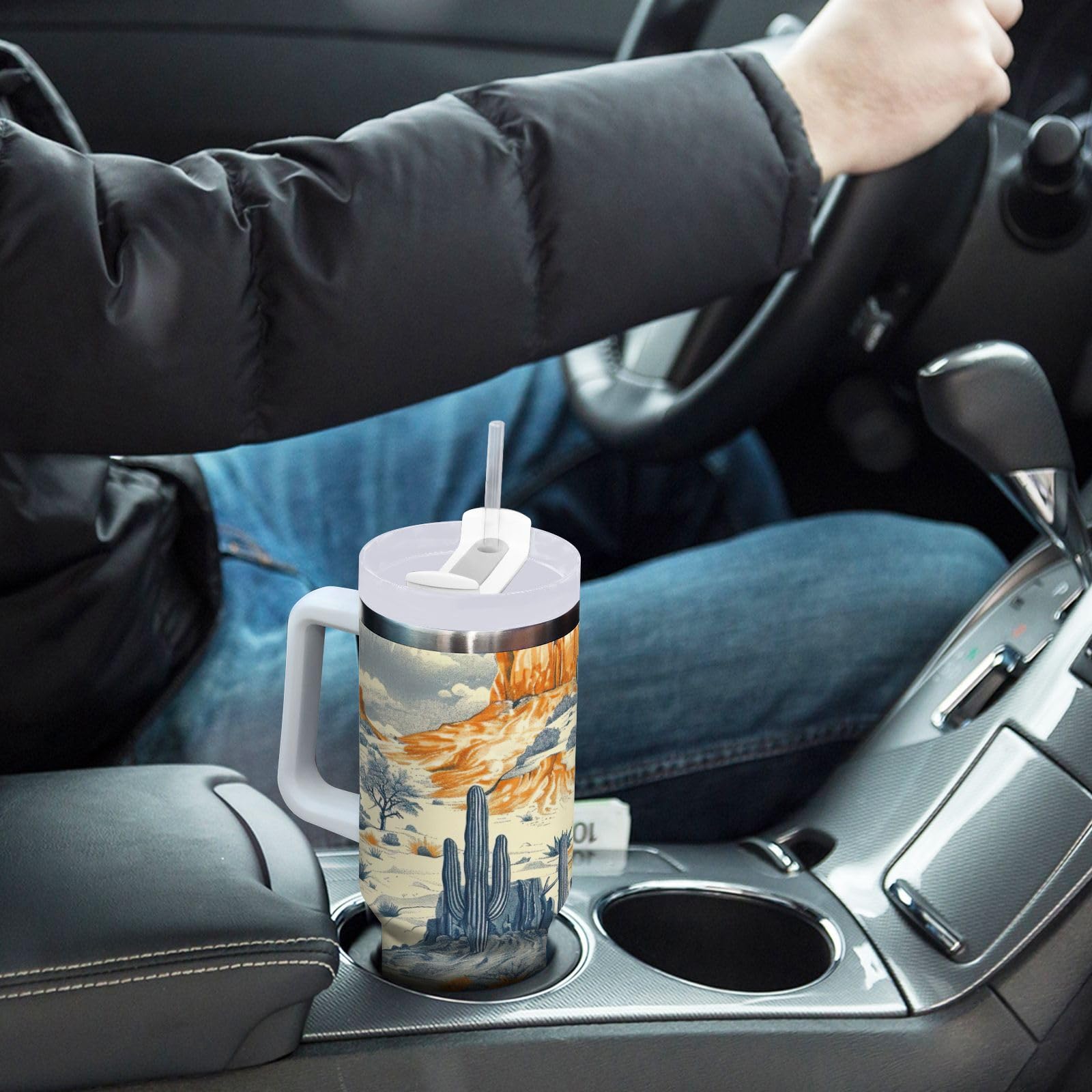 Jihqo Western Desert 40 oz Stainless Steel Vacuum Insulated Tumbler with Handle and Straw Lid, Leakproof Water Bottle Double Wall Travel Mug Coffee Cup, Cupholder Friendly