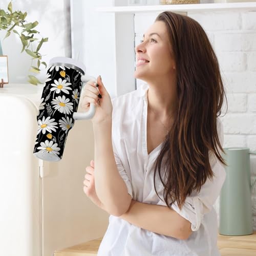 Jihqo Black Daisy 40 oz Stainless Steel Vacuum Insulated Tumbler with Handle and Straw Lid, Leakproof Water Bottle Double Wall Travel Mug Coffee Cup, Cupholder Friendly