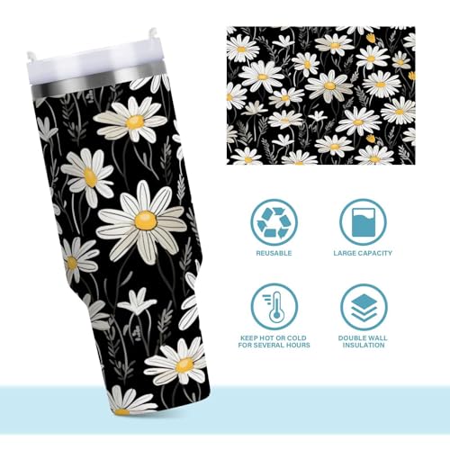 Jihqo Black Daisy 40 oz Stainless Steel Vacuum Insulated Tumbler with Handle and Straw Lid, Leakproof Water Bottle Double Wall Travel Mug Coffee Cup, Cupholder Friendly