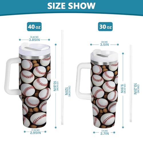 Jihqo Baseball Balls Pattern 40 oz Stainless Steel Vacuum Insulated Tumbler with Handle and Straw Lid, Leakproof Water Bottle Double Wall Travel Mug Coffee Cup, Cupholder Friendly