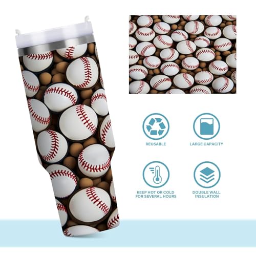 Jihqo Baseball Balls Pattern 40 oz Stainless Steel Vacuum Insulated Tumbler with Handle and Straw Lid, Leakproof Water Bottle Double Wall Travel Mug Coffee Cup, Cupholder Friendly