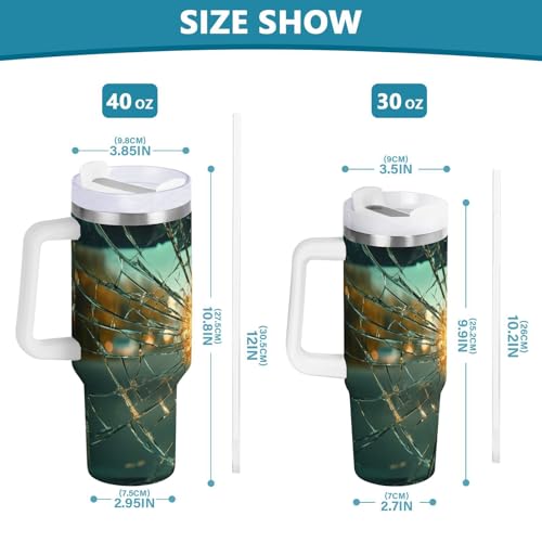 Jihqo Broken Windshield Print 40 oz Stainless Steel Vacuum Insulated Tumbler with Handle and Straw Lid, Leakproof Water Bottle Double Wall Travel Mug Coffee Cup, Cupholder Friendly