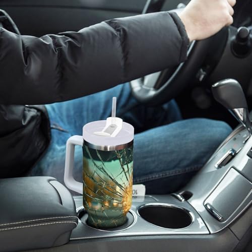 Jihqo Broken Windshield Print 40 oz Stainless Steel Vacuum Insulated Tumbler with Handle and Straw Lid, Leakproof Water Bottle Double Wall Travel Mug Coffee Cup, Cupholder Friendly