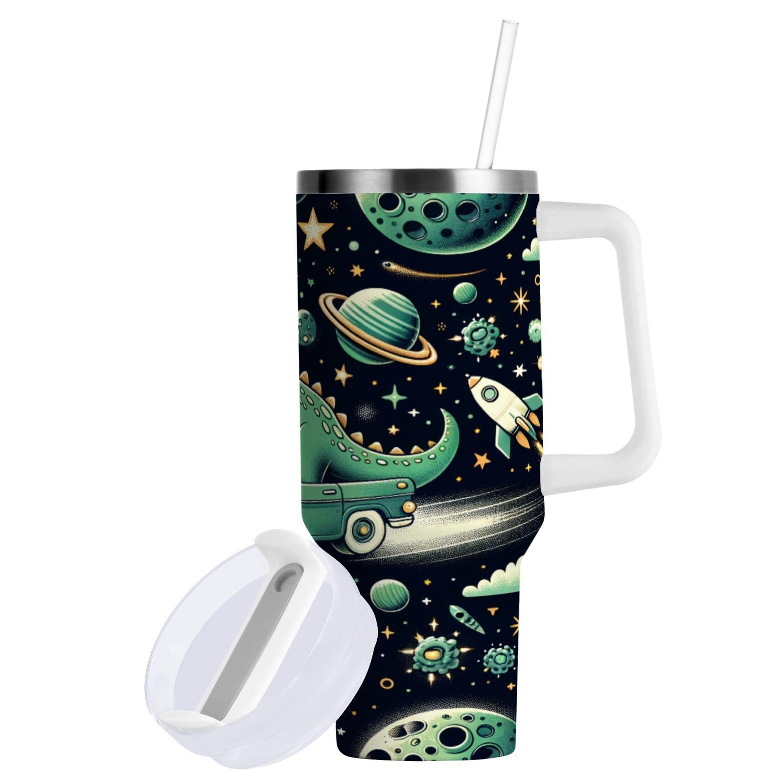 Jihqo Space Dinosaurs Green 40 oz Stainless Steel Vacuum Insulated Tumbler with Handle and Straw Lid, Leakproof Water Bottle Double Wall Travel Mug Coffee Cup, Cupholder Friendly