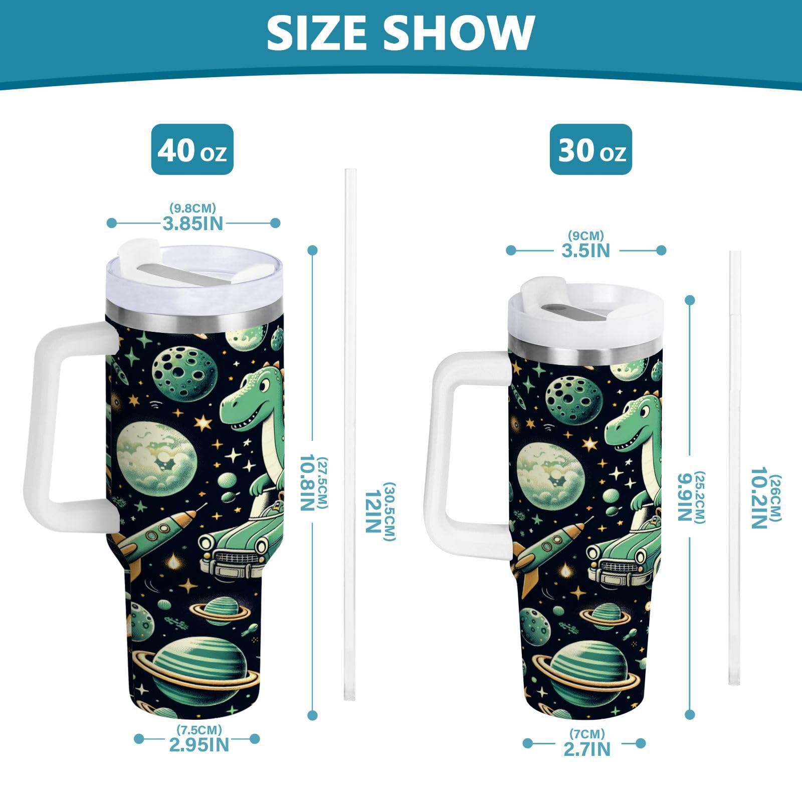Jihqo Space Dinosaurs Green 40 oz Stainless Steel Vacuum Insulated Tumbler with Handle and Straw Lid, Leakproof Water Bottle Double Wall Travel Mug Coffee Cup, Cupholder Friendly