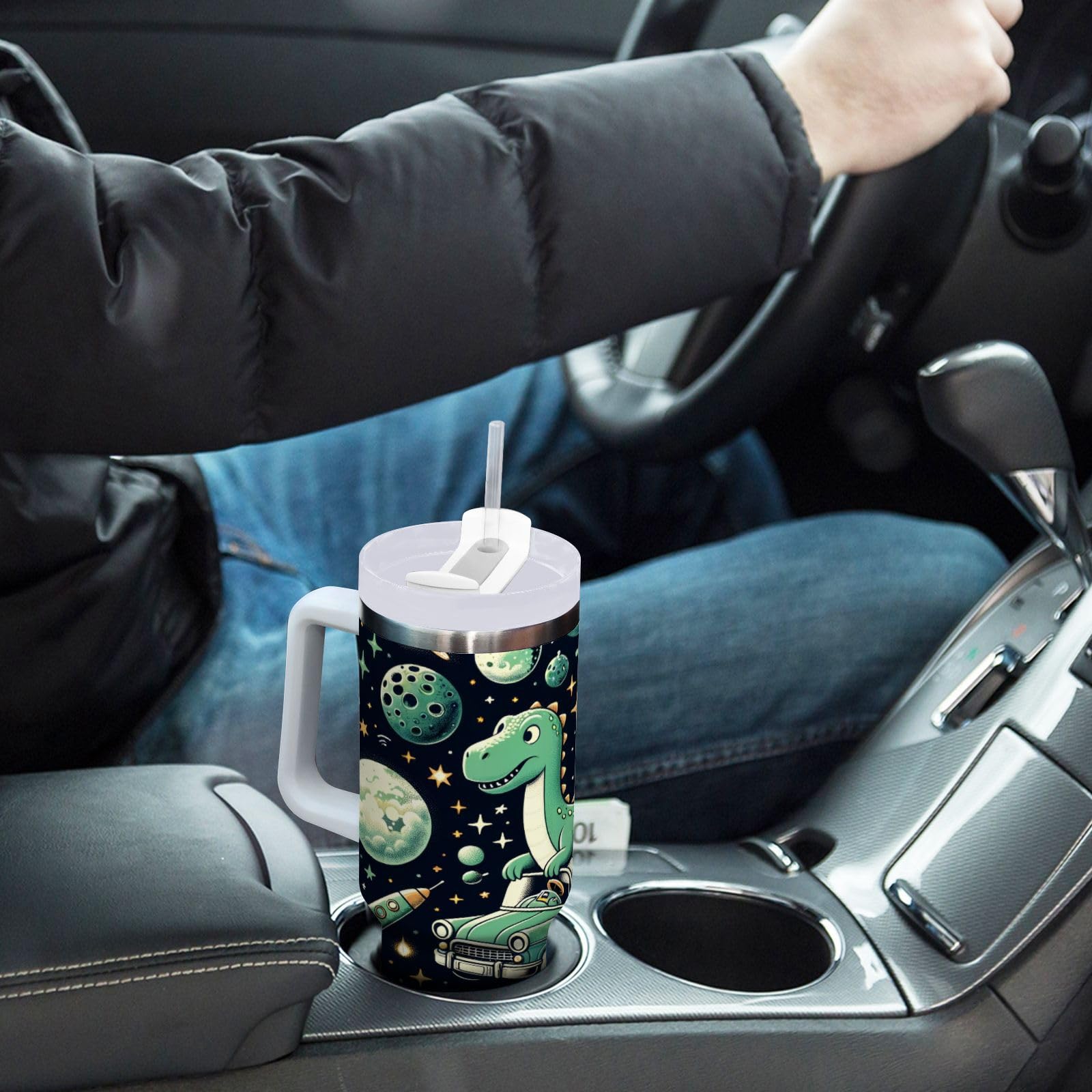 Jihqo Space Dinosaurs Green 40 oz Stainless Steel Vacuum Insulated Tumbler with Handle and Straw Lid, Leakproof Water Bottle Double Wall Travel Mug Coffee Cup, Cupholder Friendly