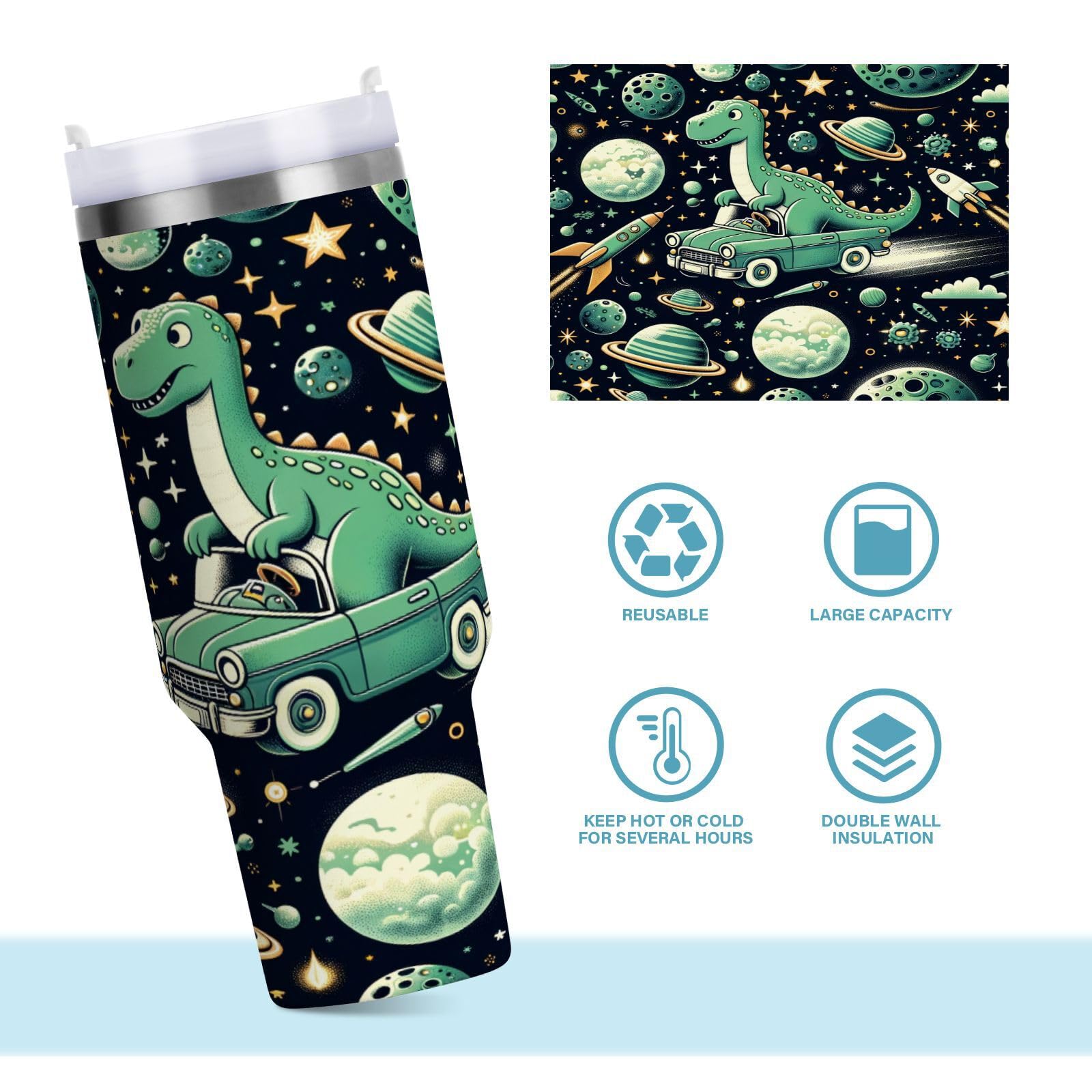 Jihqo Space Dinosaurs Green 40 oz Stainless Steel Vacuum Insulated Tumbler with Handle and Straw Lid, Leakproof Water Bottle Double Wall Travel Mug Coffee Cup, Cupholder Friendly