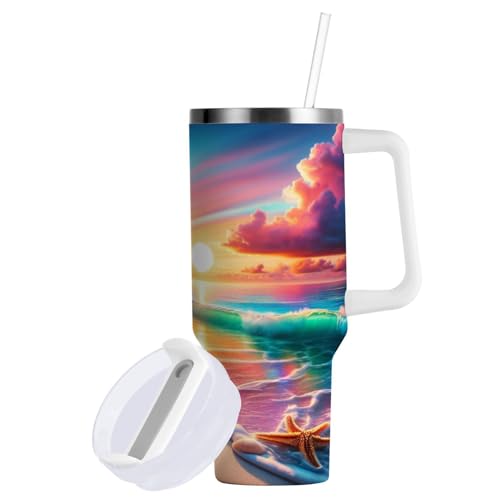Jihqo Sandy Beach Colorful Sunset 40 oz Stainless Steel Vacuum Insulated Tumbler with Handle and Straw Lid, Leakproof Water Bottle Double Wall Travel Mug Coffee Cup, Cupholder Friendly