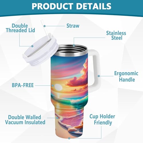 Jihqo Sandy Beach Colorful Sunset 40 oz Stainless Steel Vacuum Insulated Tumbler with Handle and Straw Lid, Leakproof Water Bottle Double Wall Travel Mug Coffee Cup, Cupholder Friendly