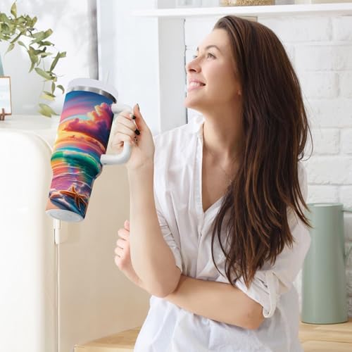 Jihqo Sandy Beach Colorful Sunset 40 oz Stainless Steel Vacuum Insulated Tumbler with Handle and Straw Lid, Leakproof Water Bottle Double Wall Travel Mug Coffee Cup, Cupholder Friendly