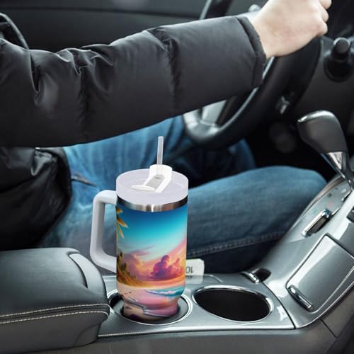 Jihqo Sandy Beach Colorful Sunset 40 oz Stainless Steel Vacuum Insulated Tumbler with Handle and Straw Lid, Leakproof Water Bottle Double Wall Travel Mug Coffee Cup, Cupholder Friendly