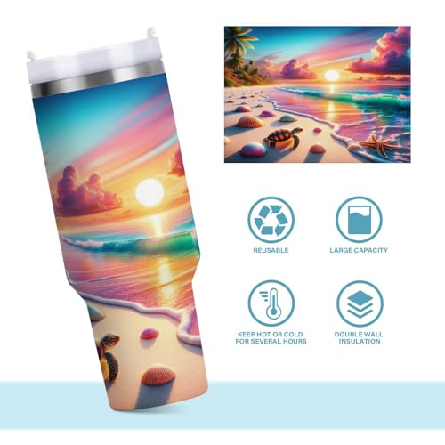 Jihqo Sandy Beach Colorful Sunset 40 oz Stainless Steel Vacuum Insulated Tumbler with Handle and Straw Lid, Leakproof Water Bottle Double Wall Travel Mug Coffee Cup, Cupholder Friendly