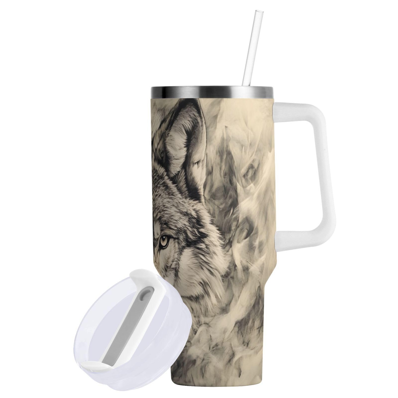 Jihqo Dangerous Wolf 40 oz Stainless Steel Vacuum Insulated Tumbler with Handle and Straw Lid, Leakproof Water Bottle Double Wall Travel Mug Coffee Cup, Cupholder Friendly