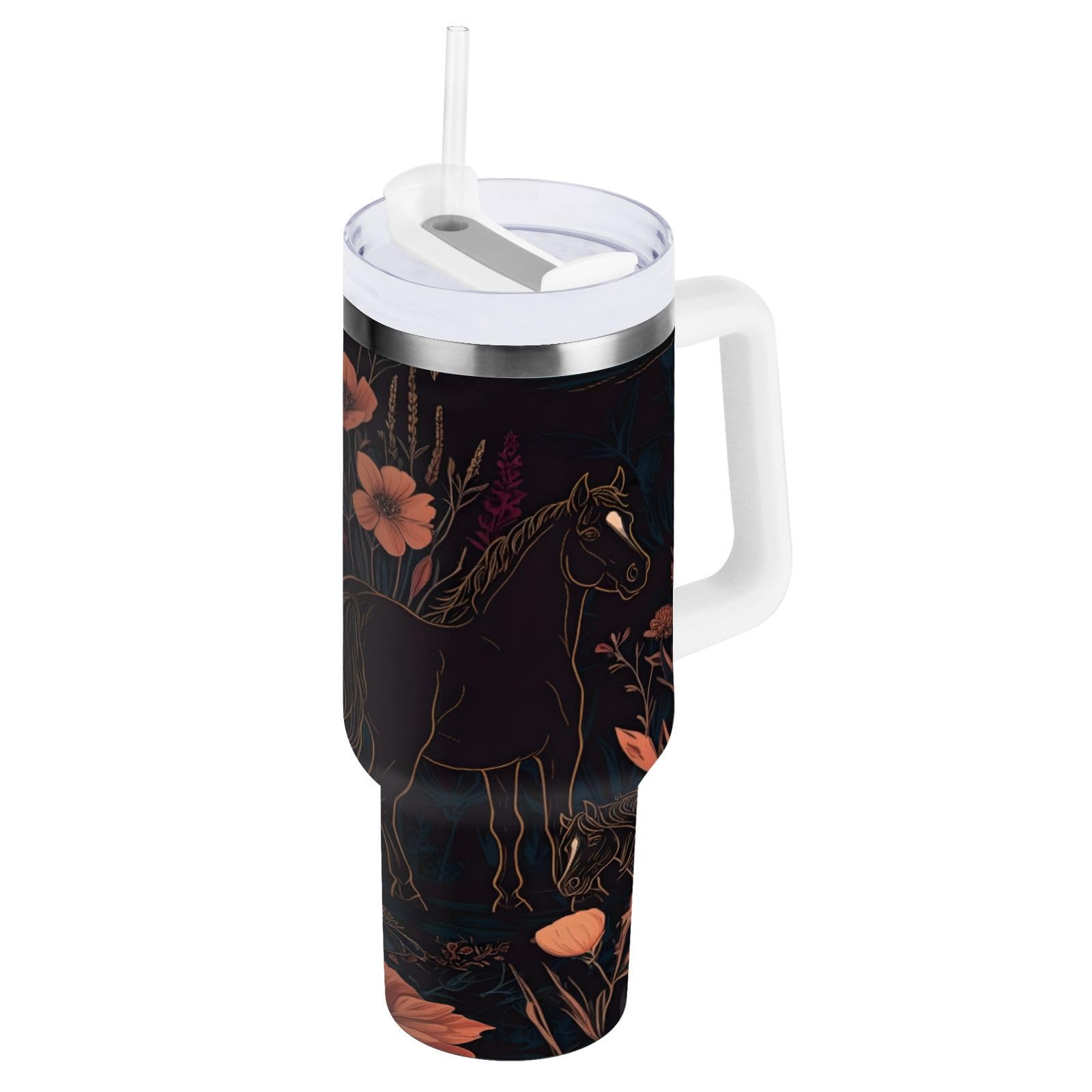 Jihqo Night Horse Cross Flowers Field 40 oz Stainless Steel Vacuum Insulated Tumbler with Handle and Straw Lid, Leakproof Water Bottle Double Wall Travel Mug Coffee Cup, Cupholder Friendly