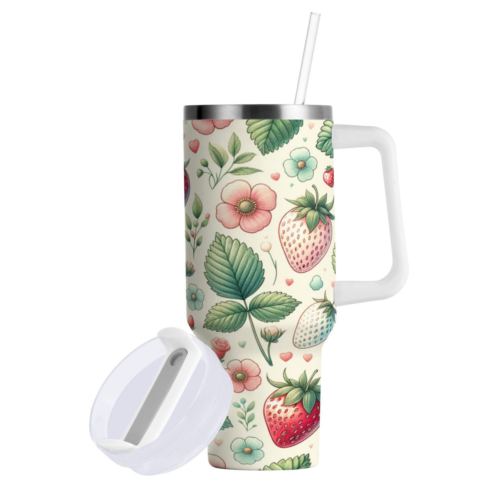 Jihqo Strawberrys and Leafs 40 oz Stainless Steel Vacuum Insulated Tumbler with Handle and Straw Lid, Leakproof Water Bottle Double Wall Travel Mug Coffee Cup, Cupholder Friendly