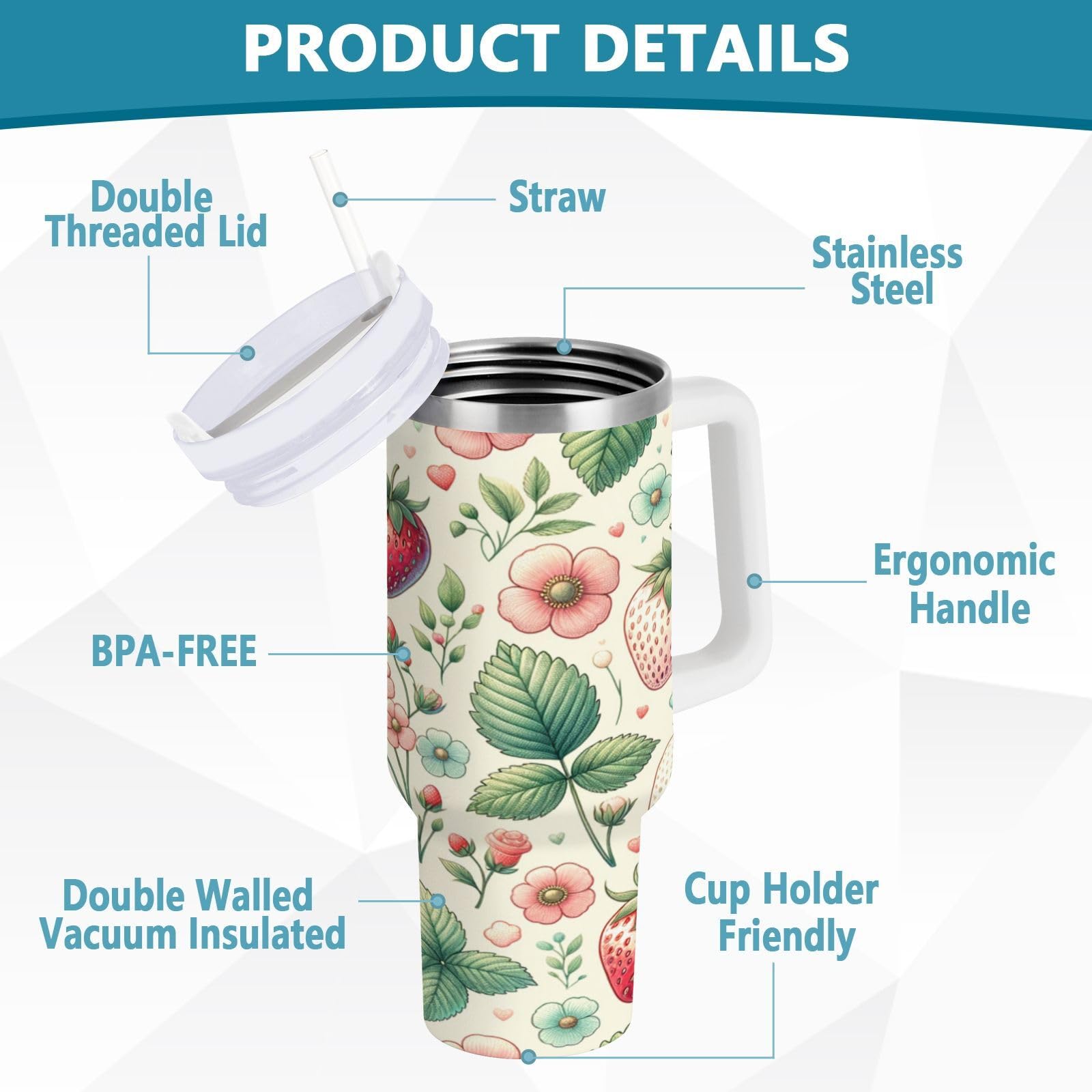 Jihqo Strawberrys and Leafs 40 oz Stainless Steel Vacuum Insulated Tumbler with Handle and Straw Lid, Leakproof Water Bottle Double Wall Travel Mug Coffee Cup, Cupholder Friendly