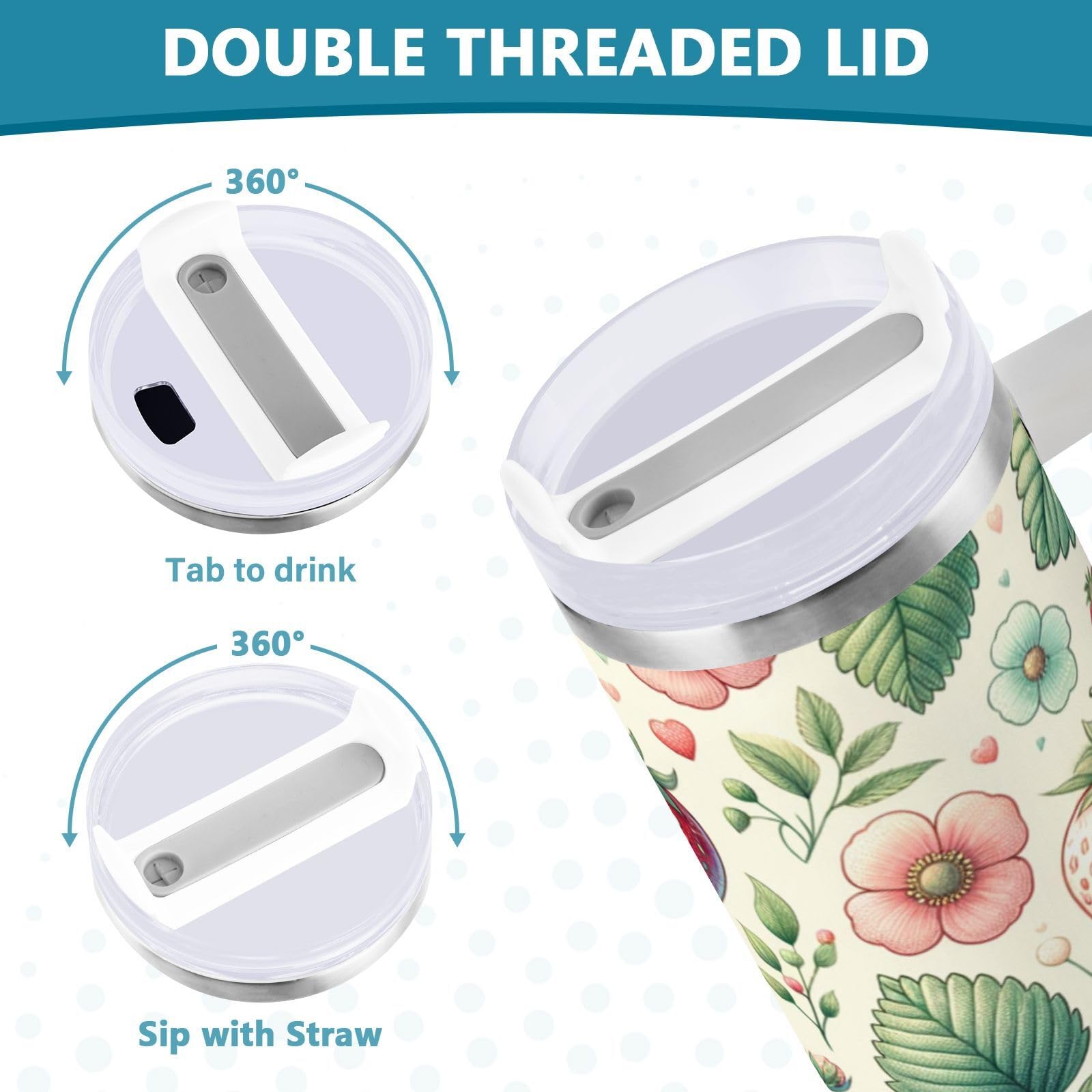 Jihqo Strawberrys and Leafs 40 oz Stainless Steel Vacuum Insulated Tumbler with Handle and Straw Lid, Leakproof Water Bottle Double Wall Travel Mug Coffee Cup, Cupholder Friendly