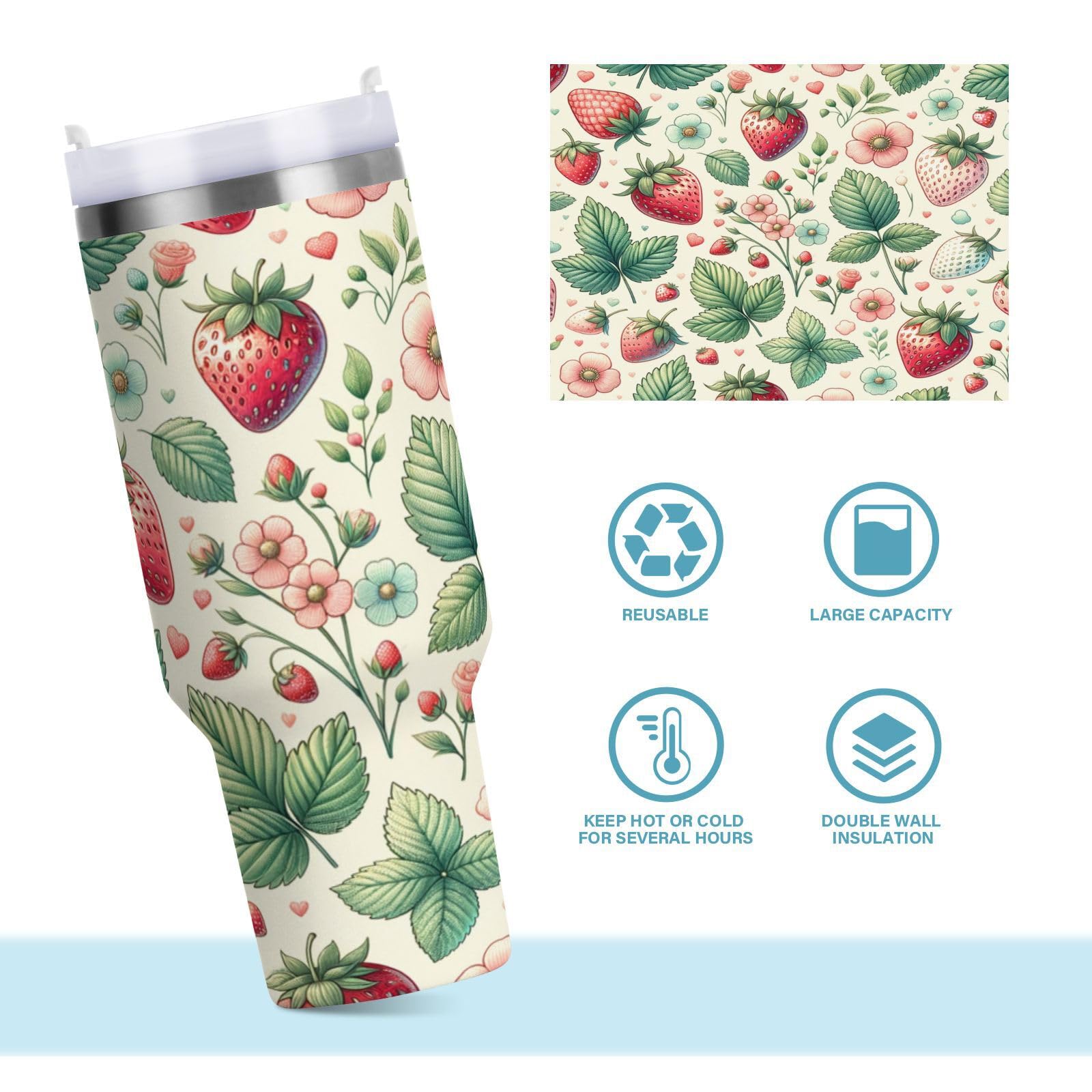 Jihqo Strawberrys and Leafs 40 oz Stainless Steel Vacuum Insulated Tumbler with Handle and Straw Lid, Leakproof Water Bottle Double Wall Travel Mug Coffee Cup, Cupholder Friendly