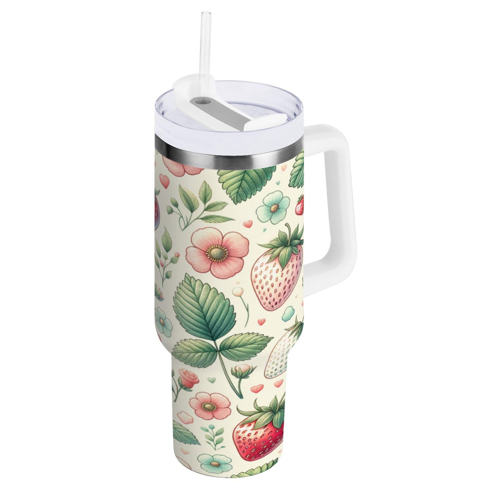 Jihqo Strawberrys and Leafs 40 oz Stainless Steel Vacuum Insulated Tumbler with Handle and Straw Lid, Leakproof Water Bottle Double Wall Travel Mug Coffee Cup, Cupholder Friendly
