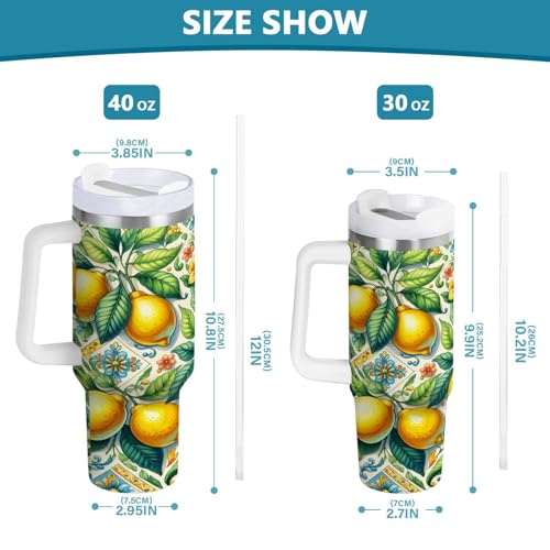 Jihqo Ceramic Tile Lemon Leaves 40 oz Stainless Steel Vacuum Insulated Tumbler with Handle and Straw Lid, Leakproof Water Bottle Double Wall Travel Mug Coffee Cup, Cupholder Friendly