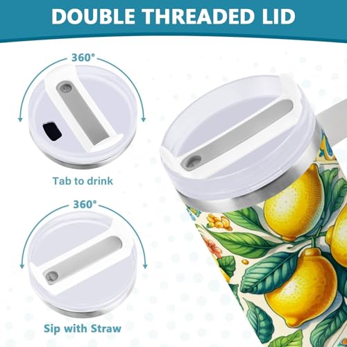 Jihqo Ceramic Tile Lemon Leaves 40 oz Stainless Steel Vacuum Insulated Tumbler with Handle and Straw Lid, Leakproof Water Bottle Double Wall Travel Mug Coffee Cup, Cupholder Friendly