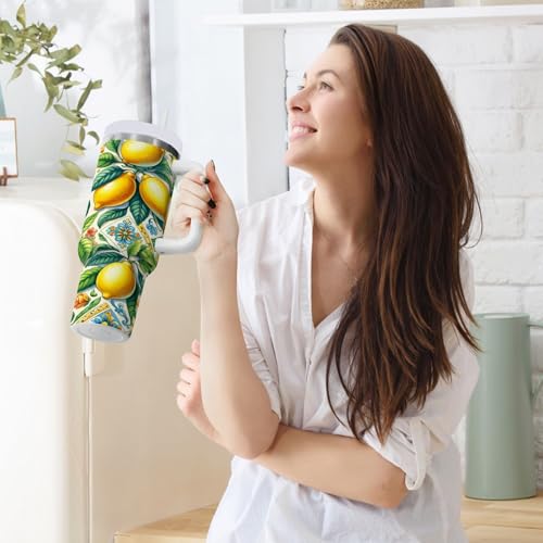 Jihqo Ceramic Tile Lemon Leaves 40 oz Stainless Steel Vacuum Insulated Tumbler with Handle and Straw Lid, Leakproof Water Bottle Double Wall Travel Mug Coffee Cup, Cupholder Friendly