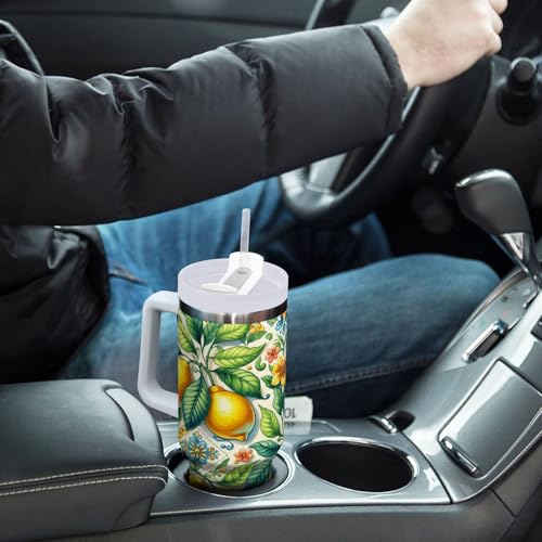 Jihqo Ceramic Tile Lemon Leaves 40 oz Stainless Steel Vacuum Insulated Tumbler with Handle and Straw Lid, Leakproof Water Bottle Double Wall Travel Mug Coffee Cup, Cupholder Friendly