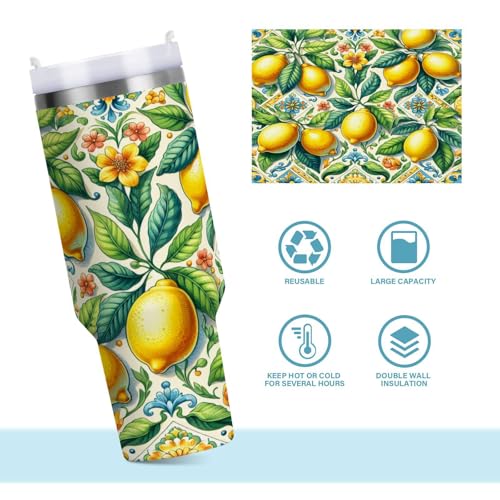 Jihqo Ceramic Tile Lemon Leaves 40 oz Stainless Steel Vacuum Insulated Tumbler with Handle and Straw Lid, Leakproof Water Bottle Double Wall Travel Mug Coffee Cup, Cupholder Friendly