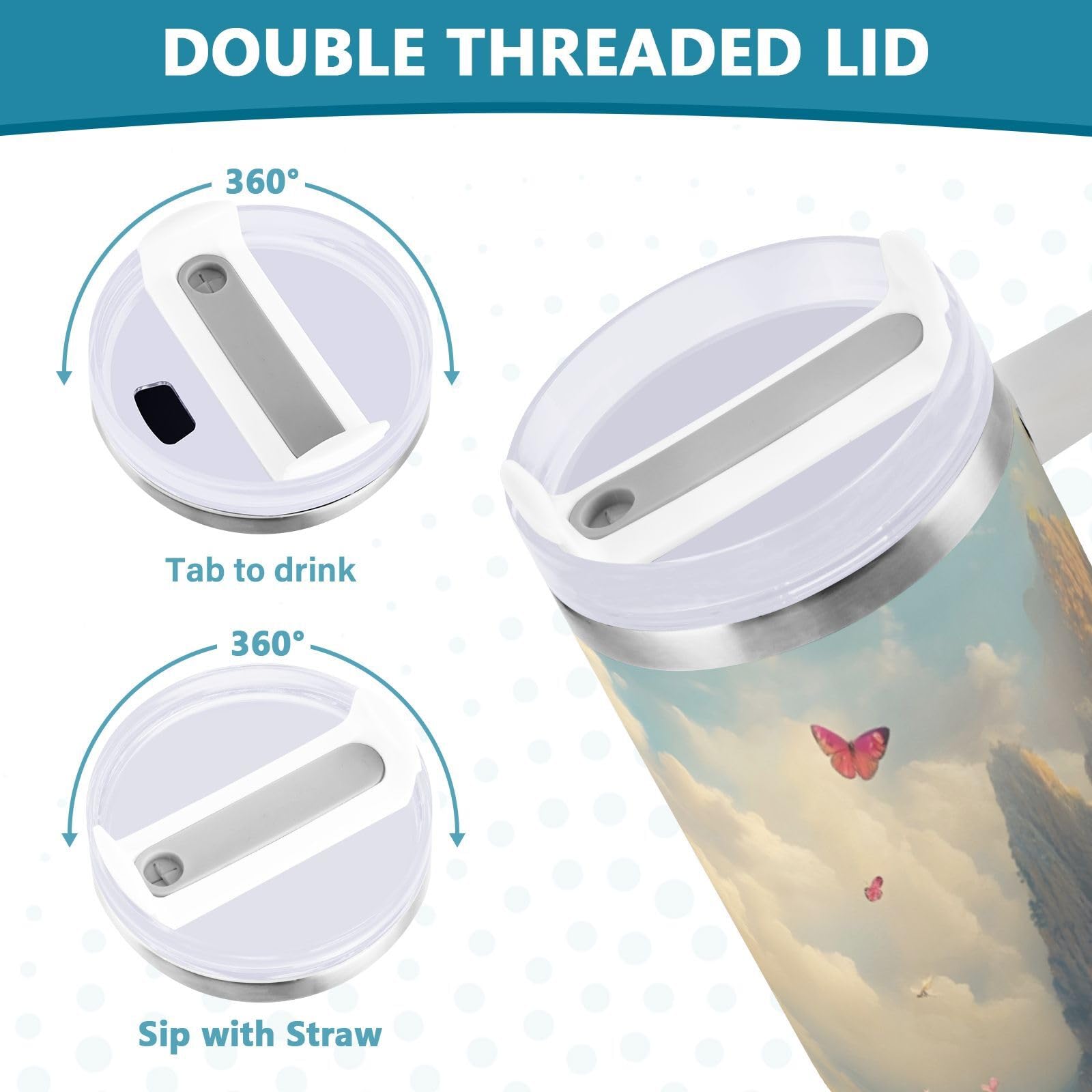 Jihqo Spring Butterflies Landscape 40 oz Stainless Steel Vacuum Insulated Tumbler with Handle and Straw Lid, Leakproof Water Bottle Double Wall Travel Mug Coffee Cup, Cupholder Friendly