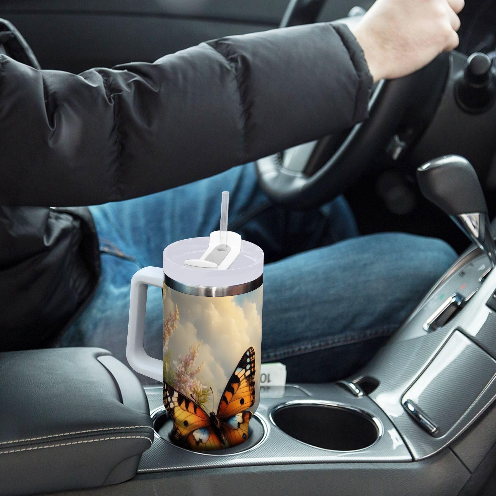 Jihqo Spring Butterflies Landscape 40 oz Stainless Steel Vacuum Insulated Tumbler with Handle and Straw Lid, Leakproof Water Bottle Double Wall Travel Mug Coffee Cup, Cupholder Friendly
