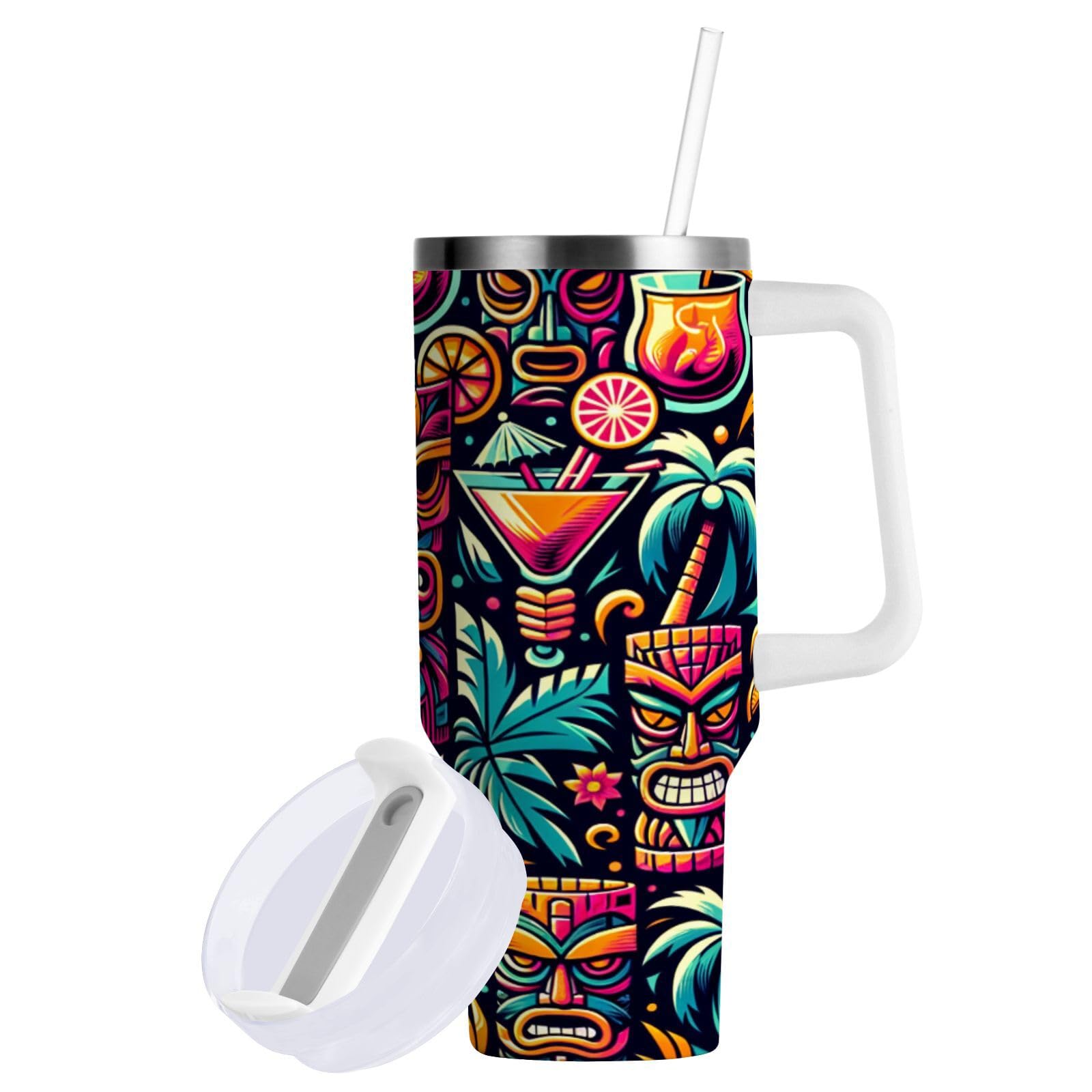 Jihqo Mexican Tropical Palm Trees 40 oz Stainless Steel Vacuum Insulated Tumbler with Handle and Straw Lid, Leakproof Water Bottle Double Wall Travel Mug Coffee Cup, Cupholder Friendly
