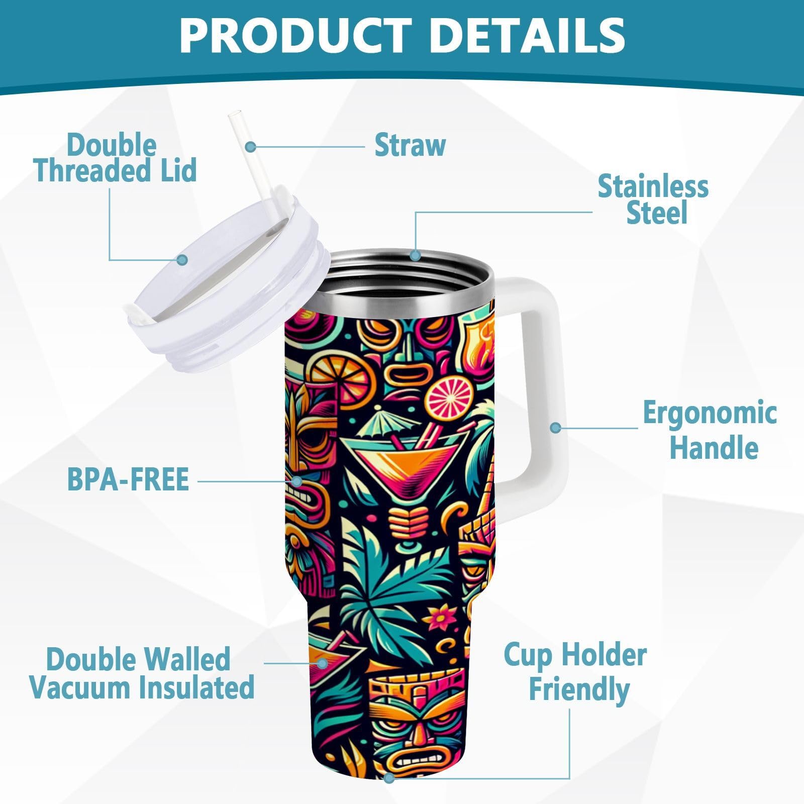 Jihqo Mexican Tropical Palm Trees 40 oz Stainless Steel Vacuum Insulated Tumbler with Handle and Straw Lid, Leakproof Water Bottle Double Wall Travel Mug Coffee Cup, Cupholder Friendly