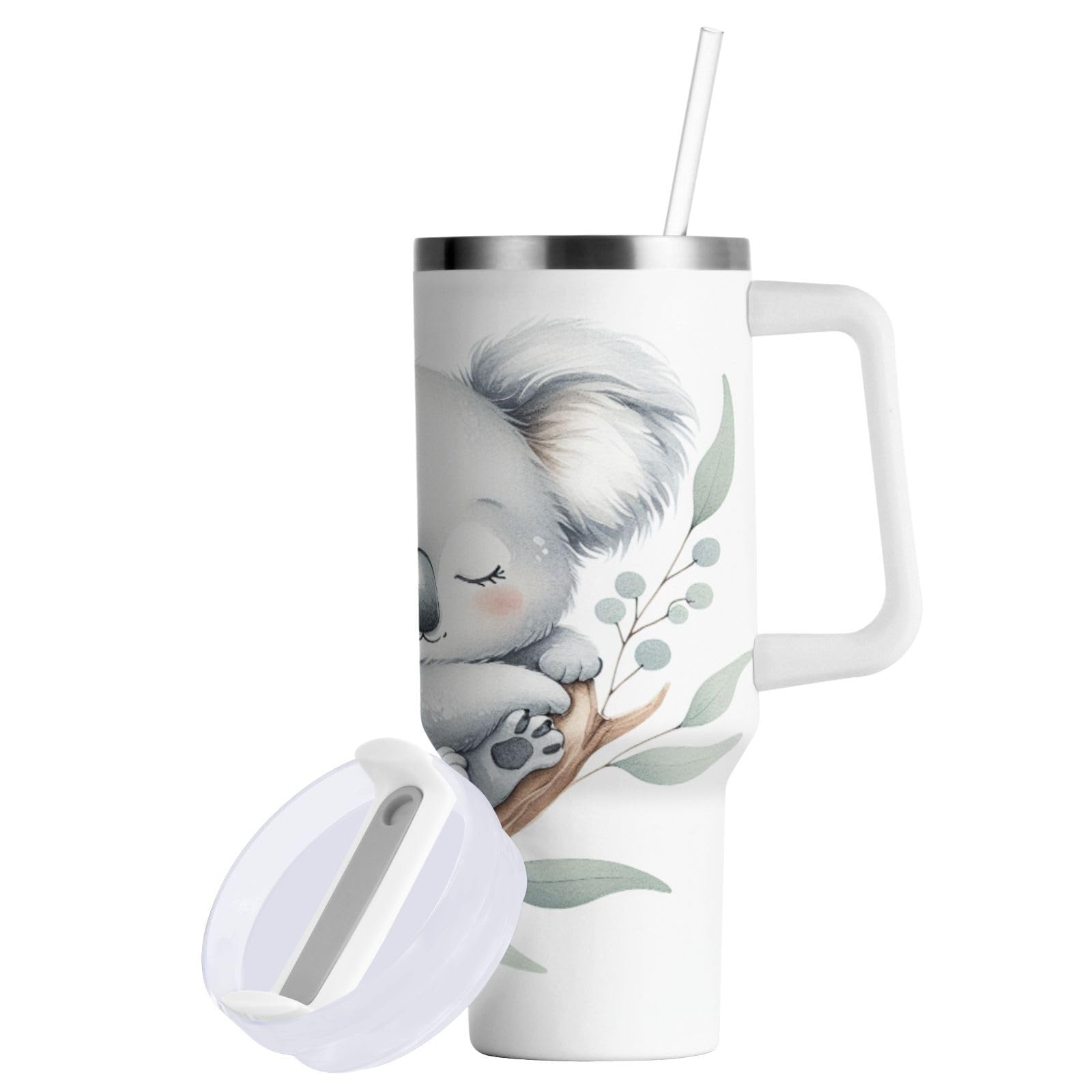 Jihqo Cute Sleeping Koala 40 oz Stainless Steel Vacuum Insulated Tumbler with Handle and Straw Lid, Leakproof Water Bottle Double Wall Travel Mug Coffee Cup, Cupholder Friendly
