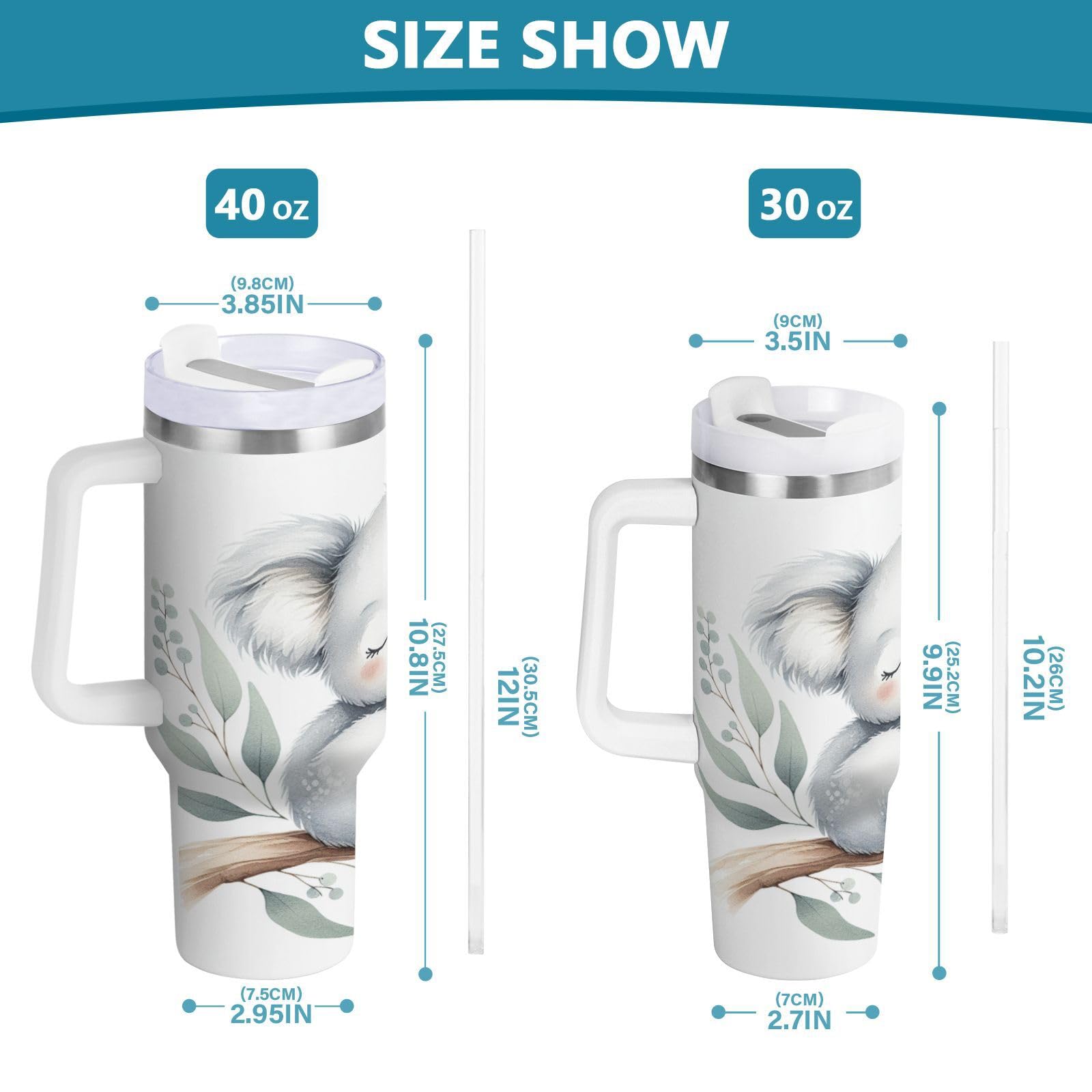 Jihqo Cute Sleeping Koala 40 oz Stainless Steel Vacuum Insulated Tumbler with Handle and Straw Lid, Leakproof Water Bottle Double Wall Travel Mug Coffee Cup, Cupholder Friendly